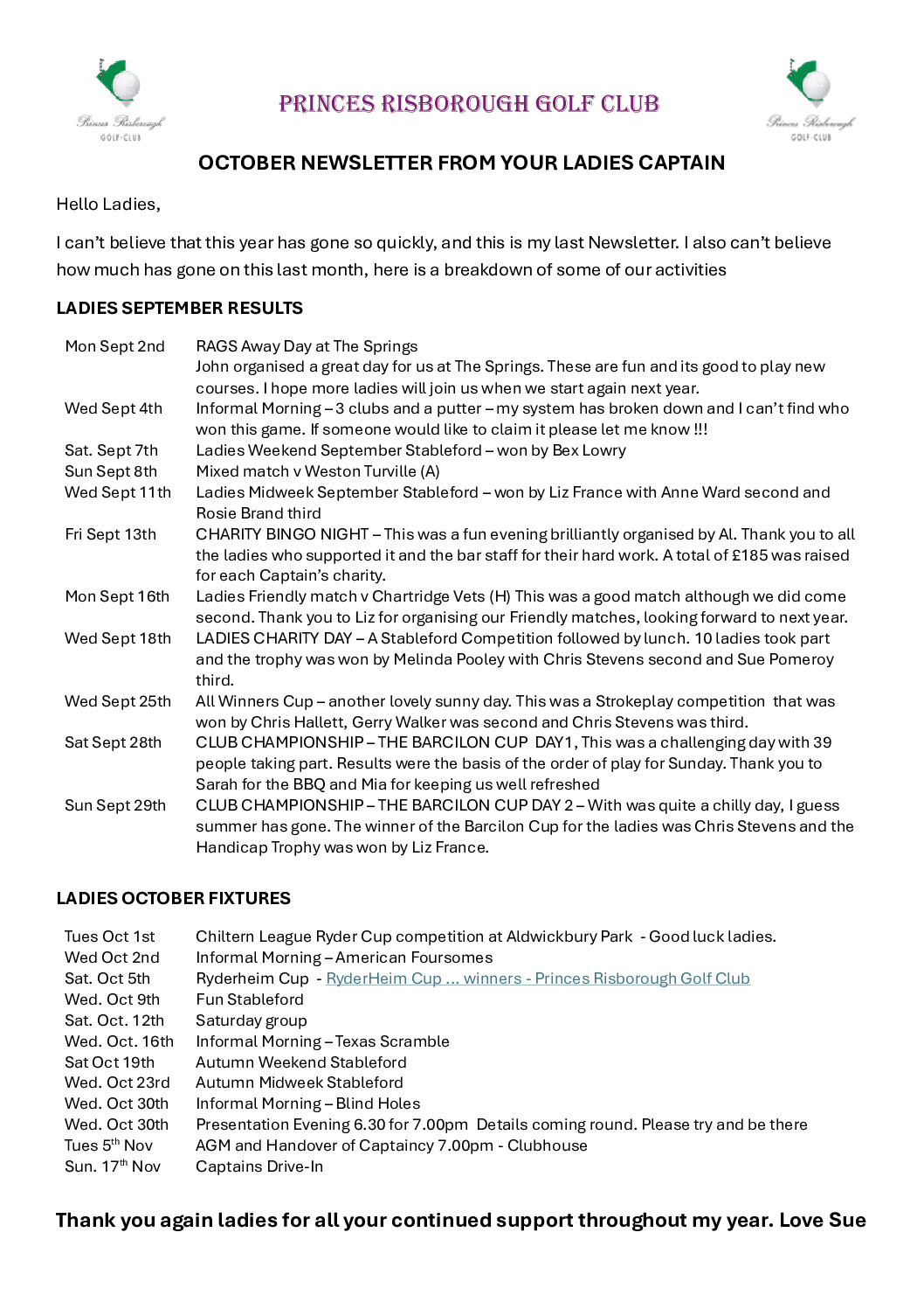 Ladies October Newsletter - Princes Risborough Golf Club